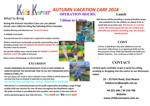 KIDS KORNER Autumn Vacation Care – Child Care Centre Nowra | Kids ...