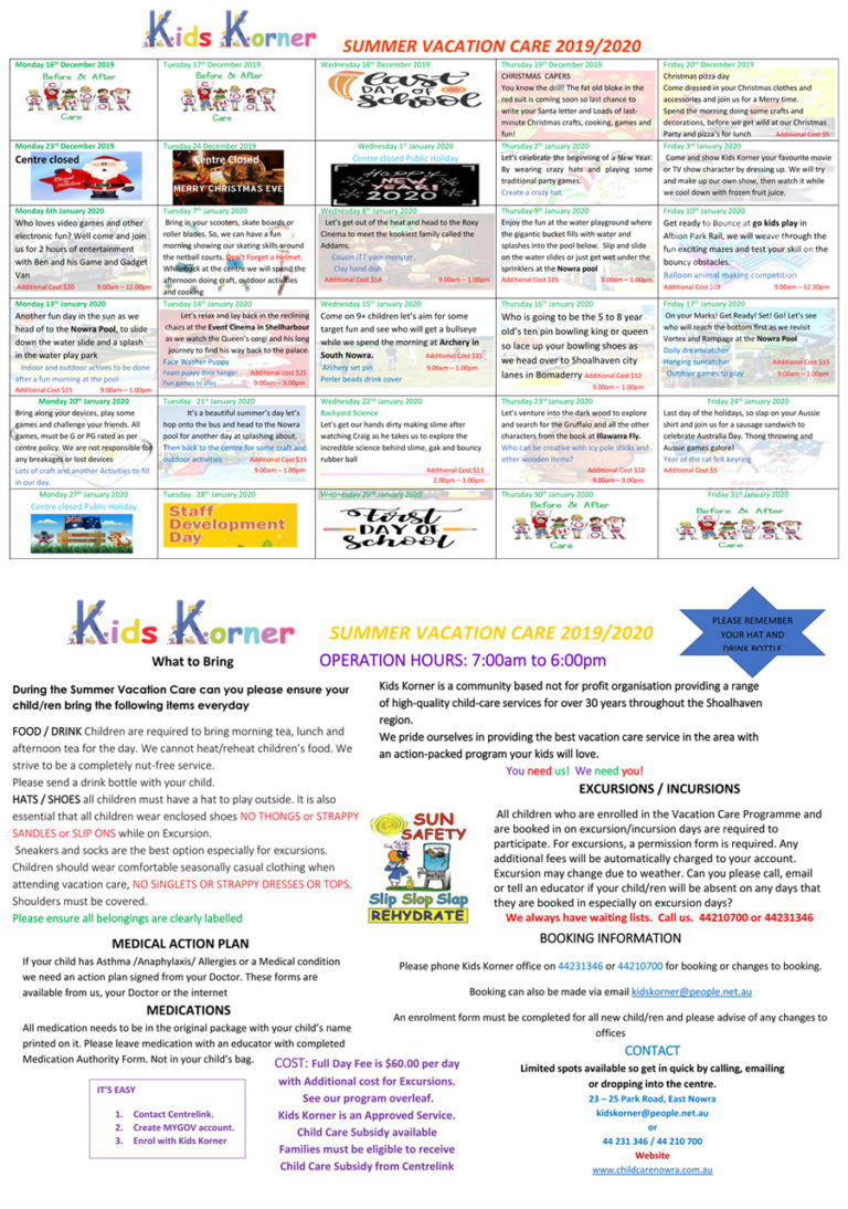 2019-2020 SUMMER School Vacation Care Program – Child Care Centre Nowra ...